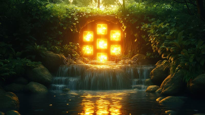 Luminous Jungle Portal Waterfall Stock Illustration - Illustration of ...