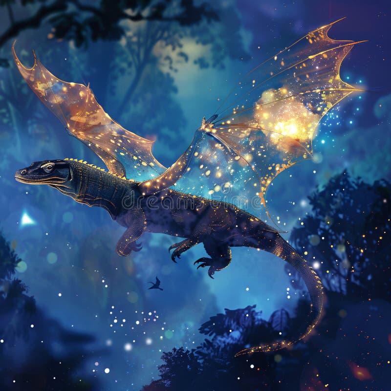 A Luminous Komodo Dragon with Translucent Wings, Flying Under Starry ...