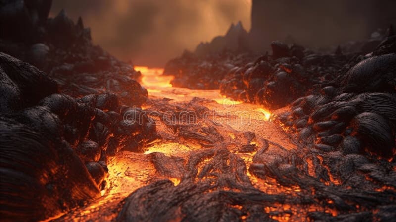 Luminous Lava Flow in a Volcanic Landscape Stock Image - Image of ...