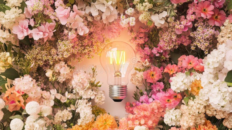 Luminous LED Bulb Surrounded by Blooming Spring Flowers Stock Image ...