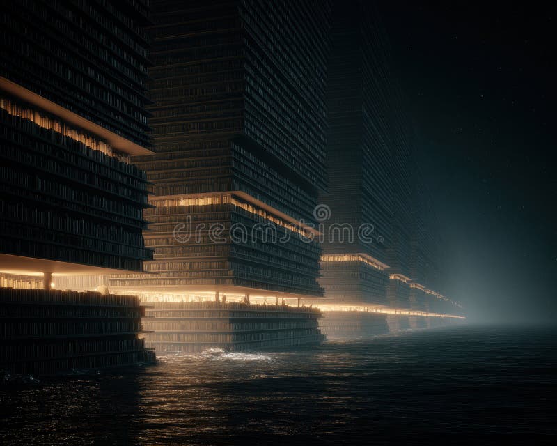 Luminous Library Structure Reflected in Calm Sea Stock Illustration ...