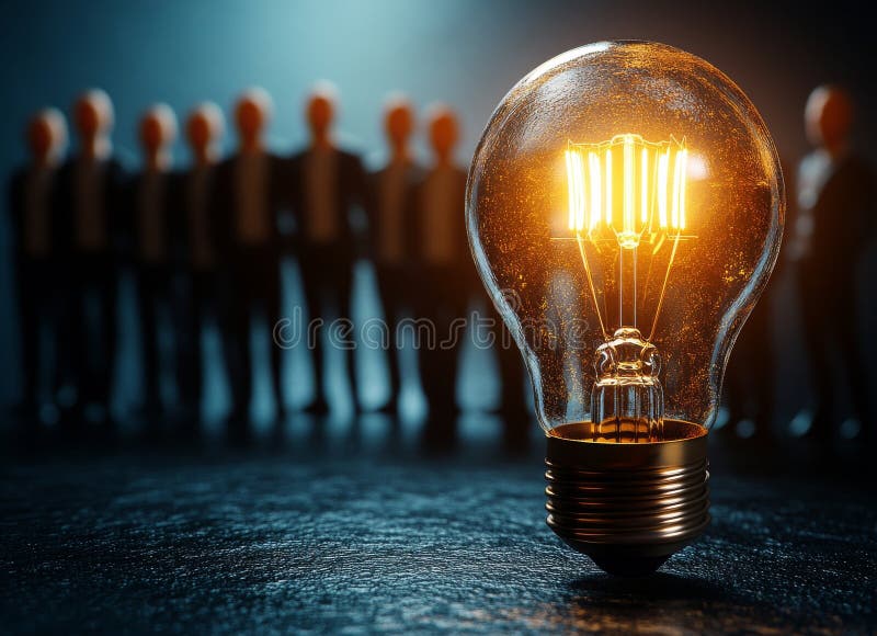 A Luminous Lightbulb Beaming Down on a Procession of Small Figures ...