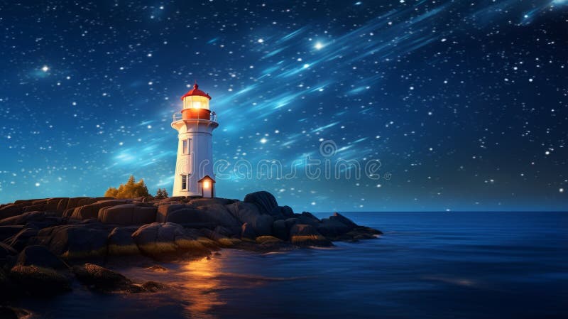 A Luminous Lighthouse Under a Starry Night Stock Illustration ...