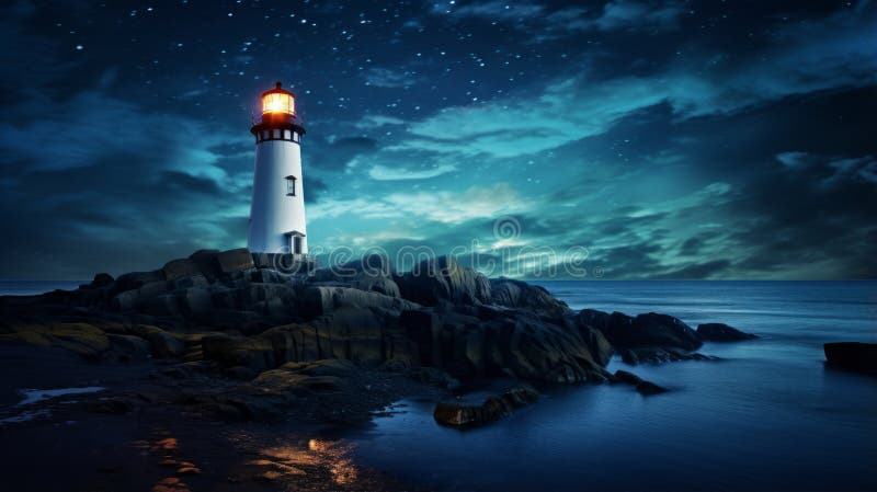 A Luminous Lighthouse Under a Starry Night Stock Illustration ...