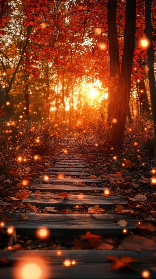 Luminous Lights and Autumn Leaves Illuminate a Misty Path through a ...