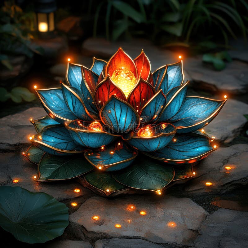 Luminous Lotus Flower on Stone Pathway Illuminated by Soft Ambient ...