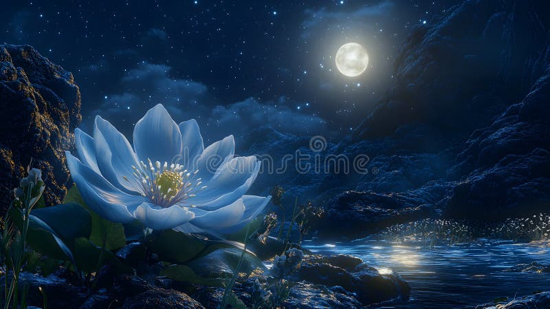 Luminous Lotus Flower Under a Moonlit Night Sky Stock Illustration ...