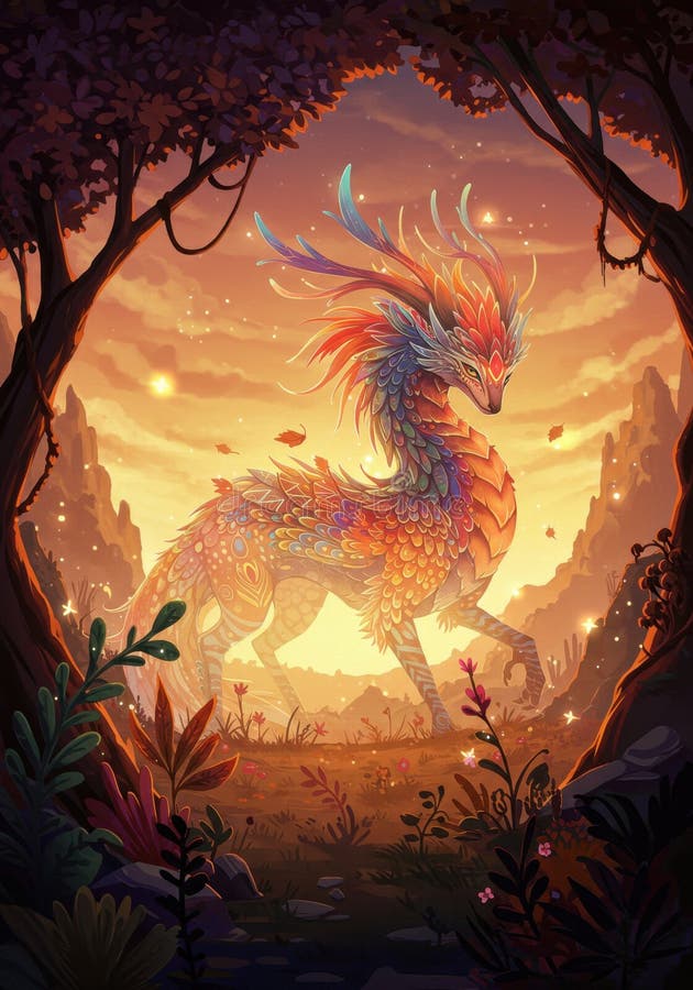 Luminous Mythical Creature in Pixel Art Forest at Sunset Stock ...