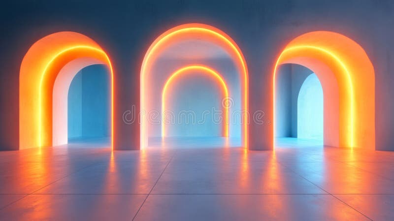 Luminous Neon Archways in a Modern Interior Stock Illustration ...
