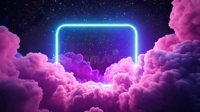 Glowing Neon Frame Illuminating the Clouds Against a Starry Night Sky ...
