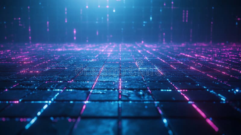 Luminous Neon Light Reflections Glisten in a Dark Hallway with Glowing ...