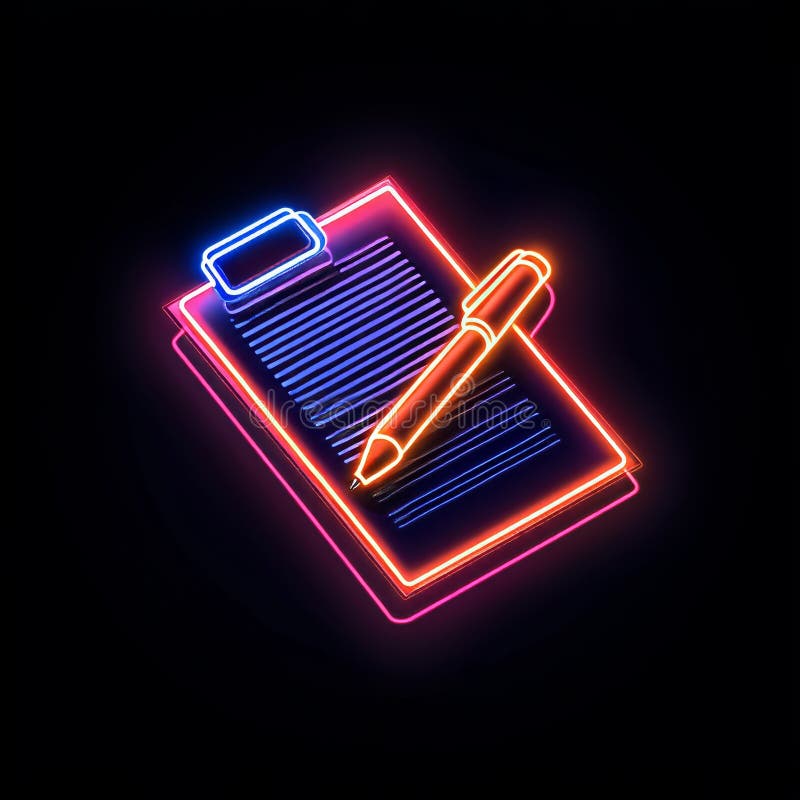 A Luminous Neon Sign Featuring a Stack of Papers and a Pen, Symbolizing ...