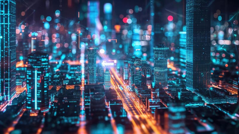 Luminous Night City with Virtual Elements Stock Photo - Image of ...