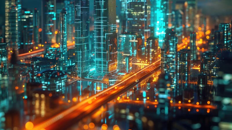 Luminous Night City with Virtual Elements Stock Photo - Image of ...