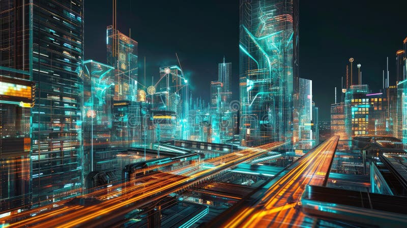 Luminous Night City with Virtual Elements Stock Illustration ...