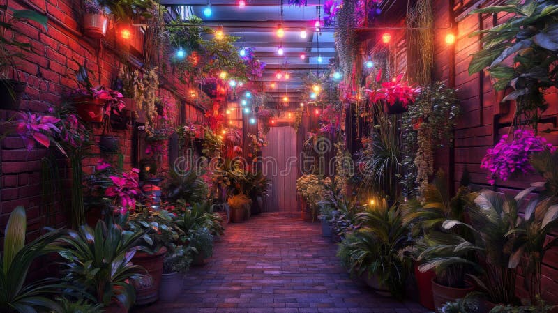 Luminous Night Garden Path with Colorful Plants Stock Illustration ...