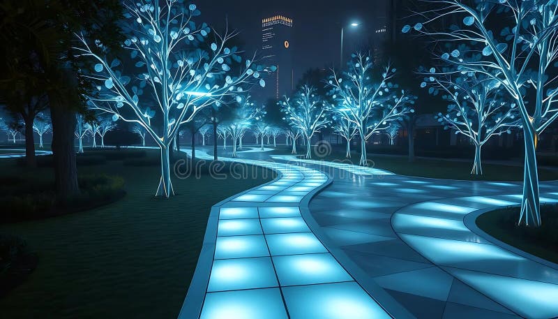 Luminous Night Path Illuminated Trees Glowing Walkway Stock Photos ...