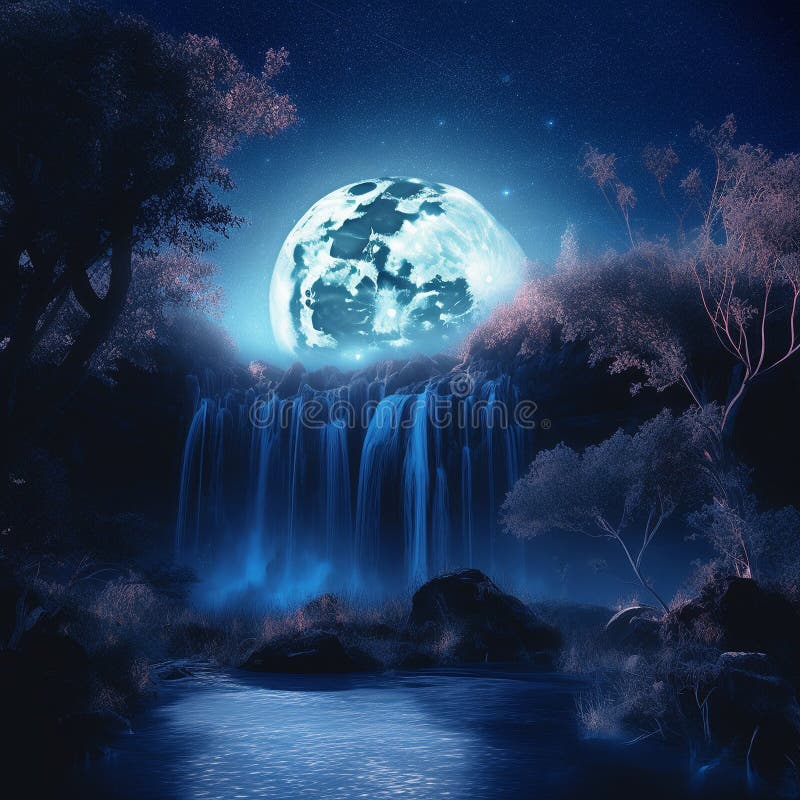 Luminous Night Waterfall Under the Moon Stock Illustration ...