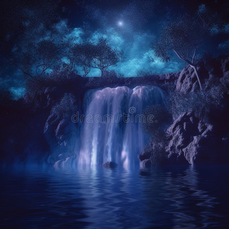 Luminous Night Waterfall Under the Moon Stock Illustration ...