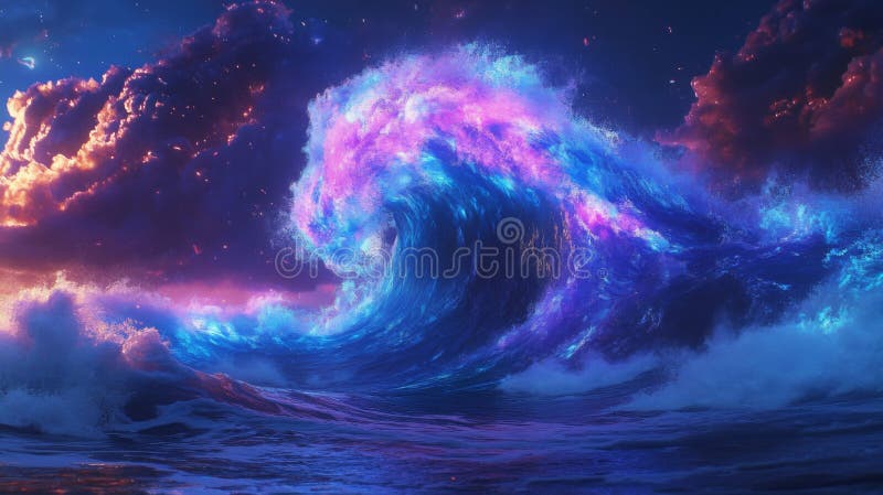 Luminous Ocean Wave Under a Starry Night Sky Stock Illustration ...