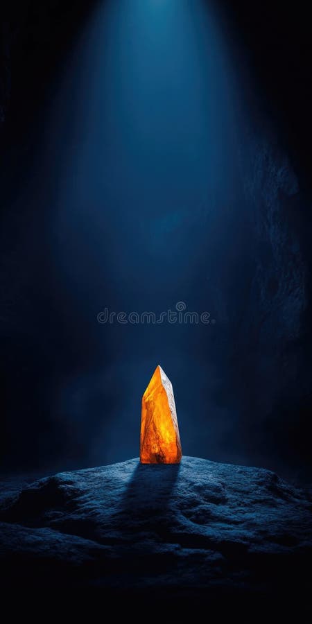 Luminous Orange Crystal Illuminated in Dark Cave with Mysterious Blue ...