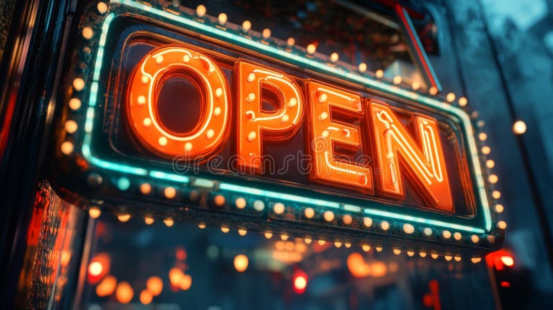 Luminous Orange Neon Open Sign at Night Stock Illustration ...