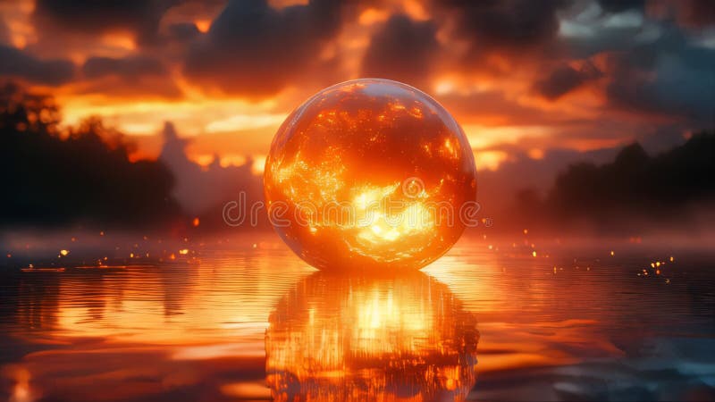 A Luminous Orange Orb Radiates Light on a Reflective Surface Amidst a ...