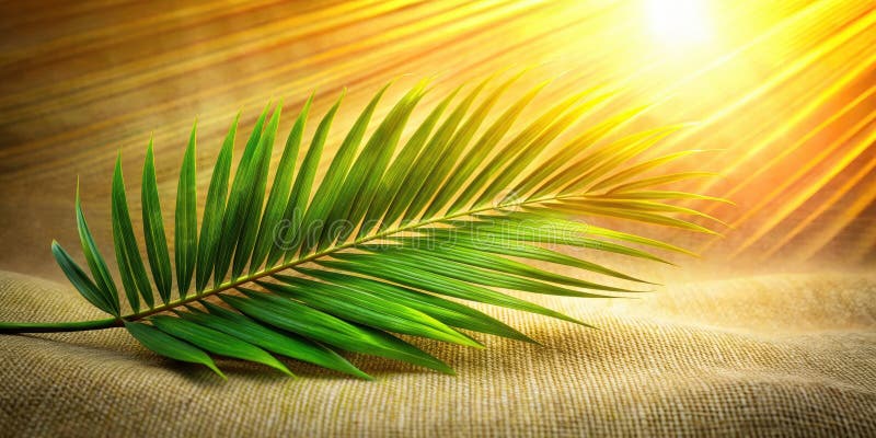 Luminous Palm Frond on Textured Fabric Illuminated by Golden Rays of ...