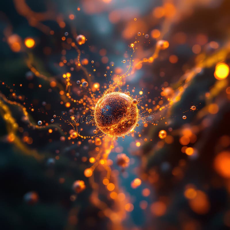 A Luminous Particle Emits Glowing Trails and Smaller Spheres Against a ...