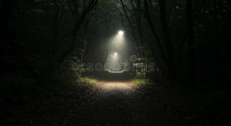 Luminous Path through a Dark Forest at Night Stock Image - Image of ...