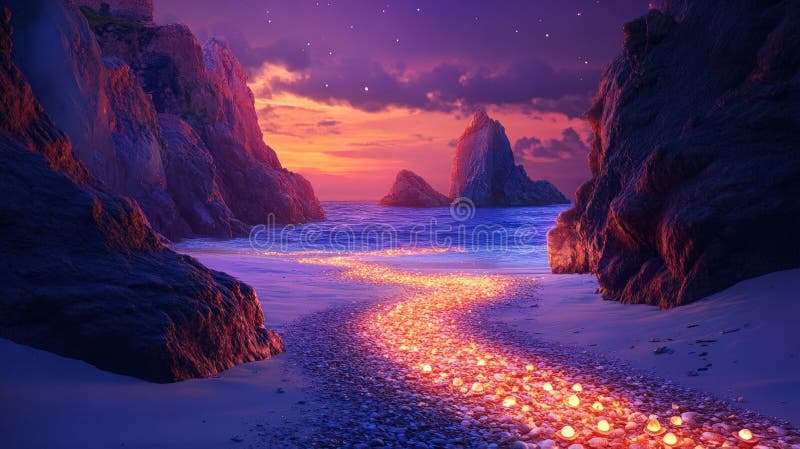 Luminous Pathway between Coastal Cliffs at Sunset Stock Image - Image ...