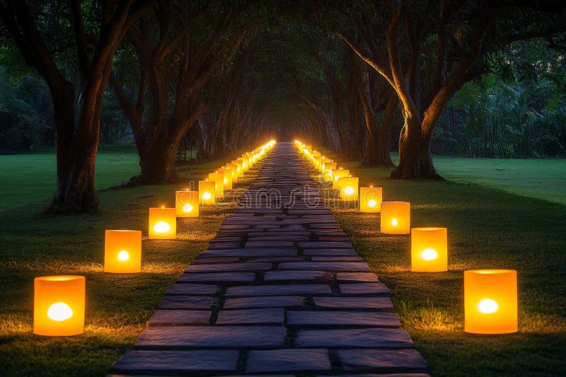 Luminous Pathway Romantic Lit Candles Line a Stone Path Under a Canopy ...