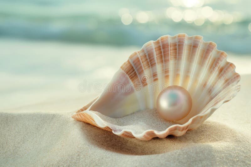 Luminous Pearl in Seashell on Sandy Beach with Ocean Backdrop Stock ...