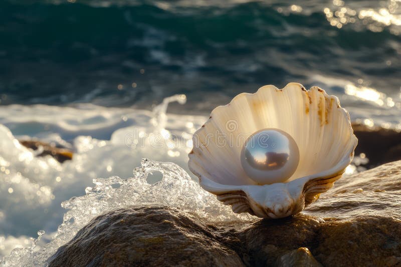 Luminous Pearl in Shell on Shoreline Rocks. Artificial Intelligence ...