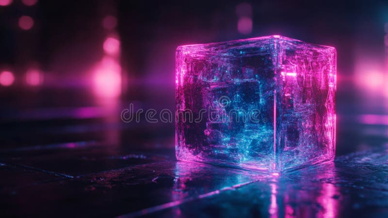 Luminous Pink and Blue Glass Cube on Dark Reflective Surface Stock Illustration - Illustration ...