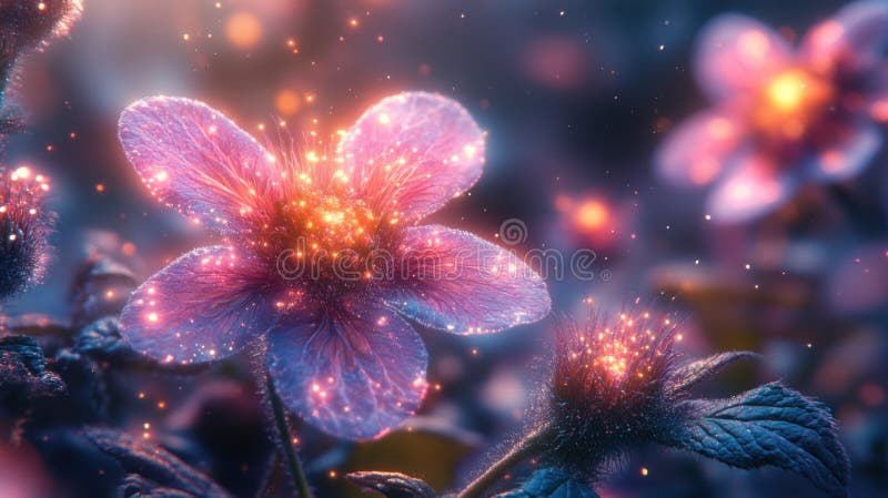 Luminous Pink Flower Glowing with Magical Light in Nighttime Garden ...