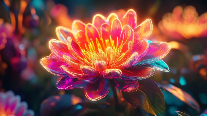 Luminous Pink Orange Flower Glowing in Dark Garden Stock Illustration ...