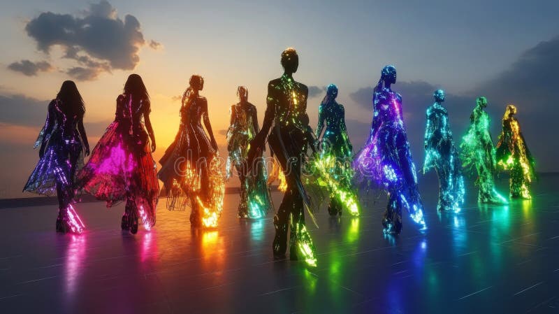 Luminous Pixel Figures Walking Towards a Vibrant Sunset Stock ...
