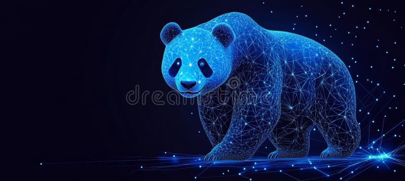 Luminous Polygon Low Poly Style Blue Neon Holographic Panda Bear on a ...