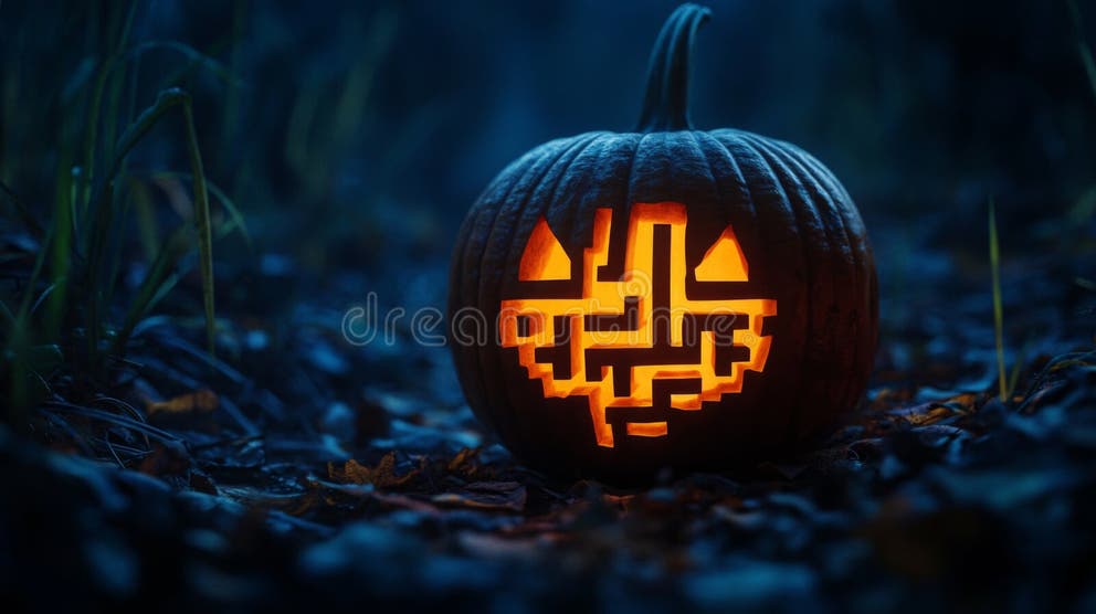 Luminous Pumpkin Carved with a Maze Pattern in a Dark Forest Stock ...