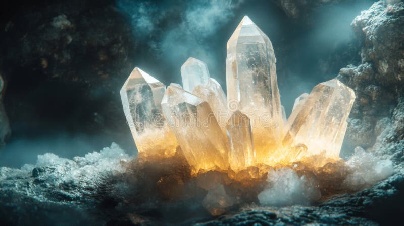 Luminous Quartz Crystal Cluster in Dark Cave Stock Illustration ...