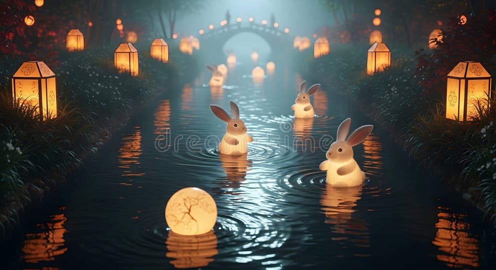 Luminous Rabbits and Lanterns Floating on a Mystical River at Night ...