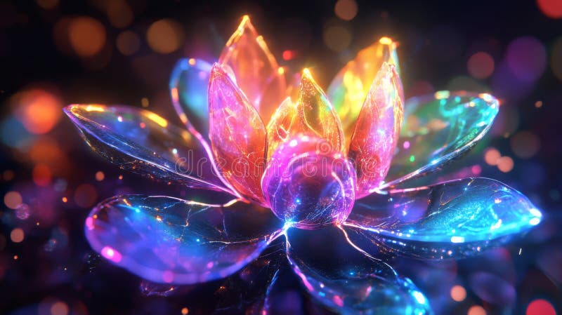 Luminous Rainbow Lotus Flower with Bokeh Background Stock Illustration ...