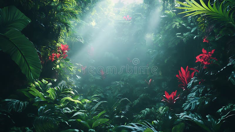 Luminous Rainforest Scene Tropical Plants and Sunlight Stock ...