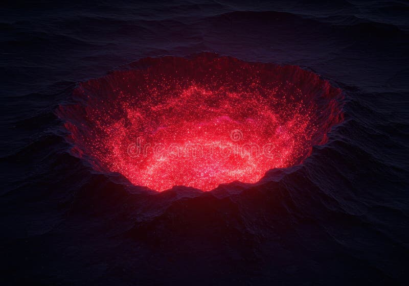 Luminous Red Crater with Glowing Particles in Dark Terrain Stock Image ...