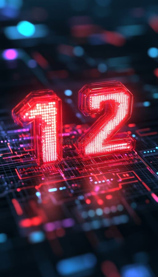 Luminous Red Digital Number 12 on Intricate Circuit Board Background ...