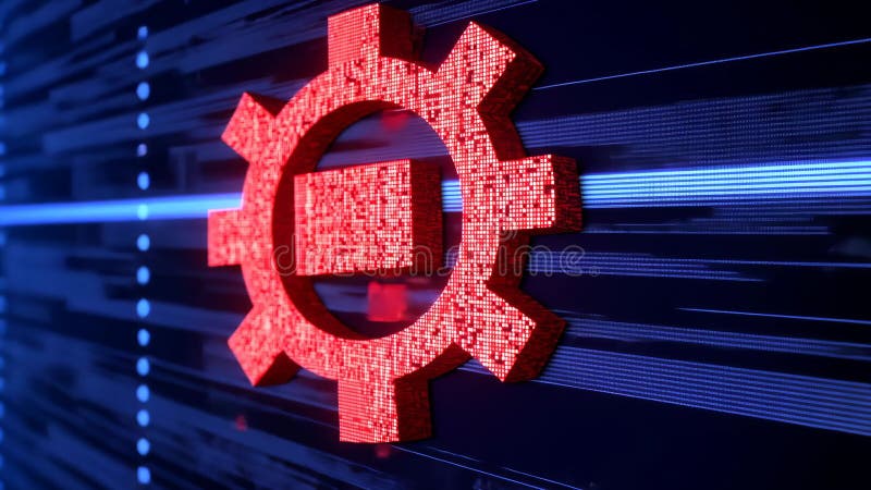 Luminous Red Tech Construction Emerging from Binary, Spinning Amid ...