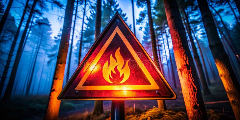 Luminous Red Triangle Warning Sign Illuminates Dark Forest Path at ...