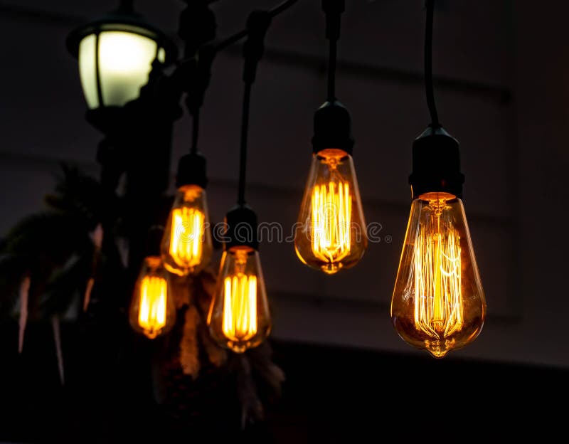 Luminous Retro Bulbs on Suspensions, Vintage Style Stock Image - Image ...