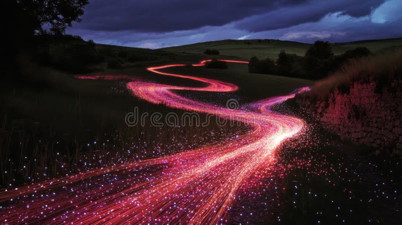 Luminous River Path Illuminates Night Landscape Stock Illustration ...